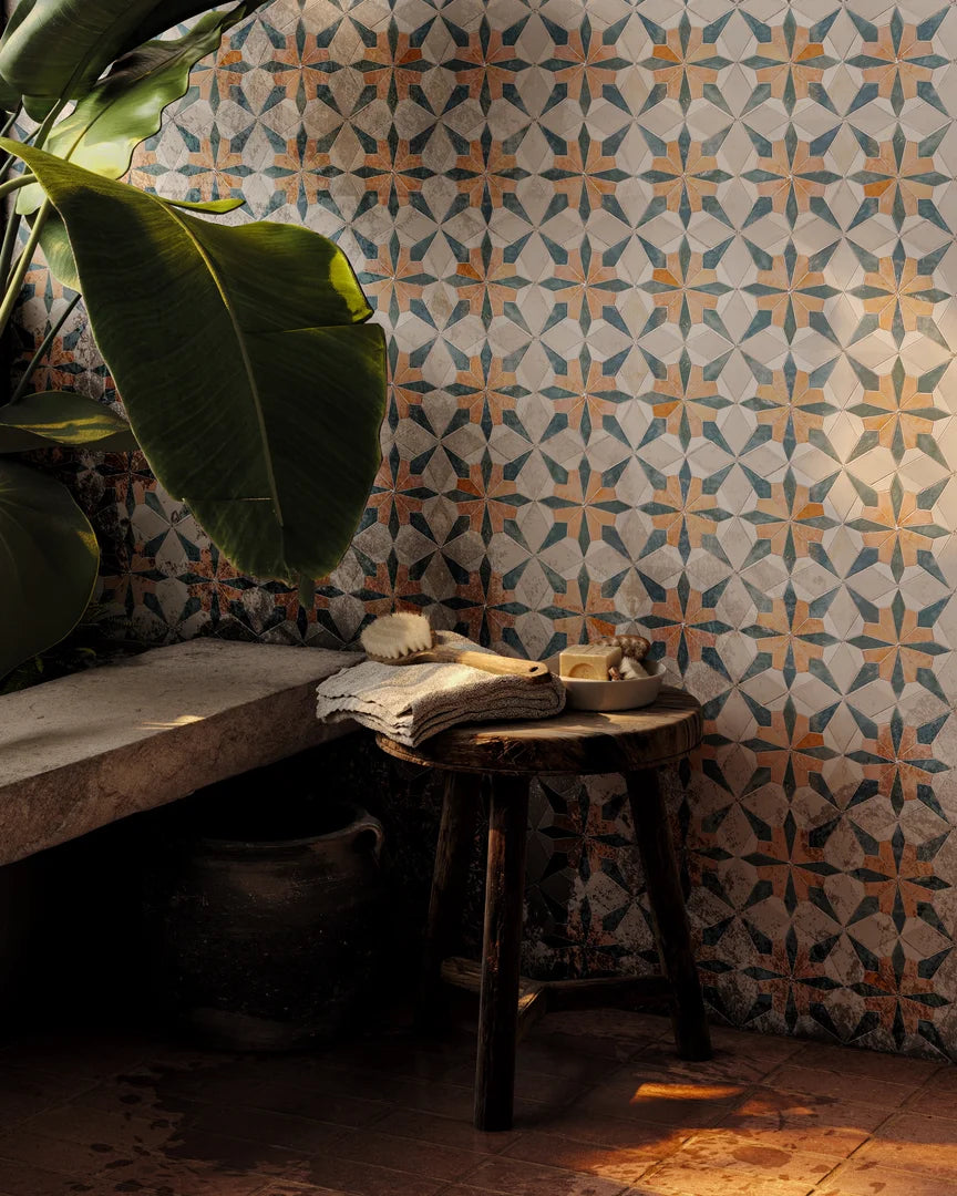 Sunset Terracotta and Teal Blue Flower Limestone Mosaic Tile – Mosaics ...